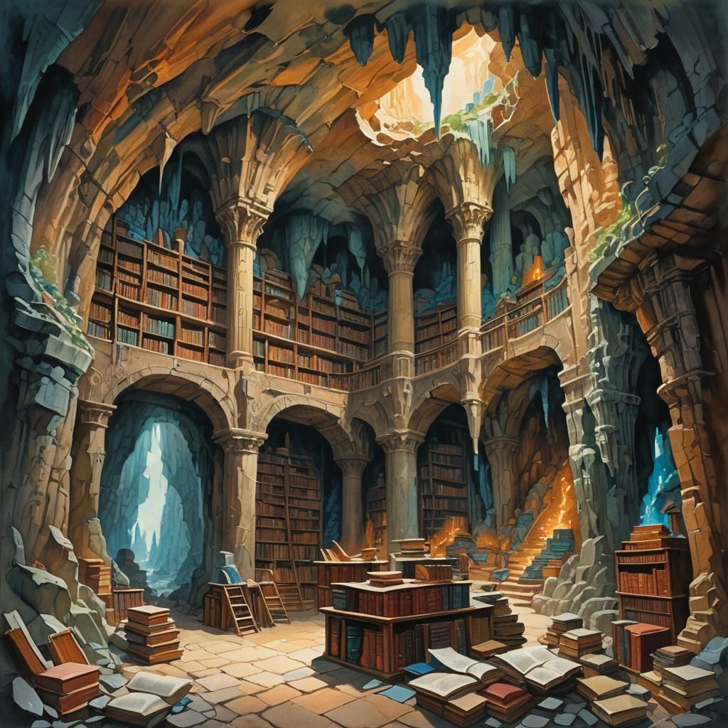 ancient library full of books and scrolls inside a cave with ...