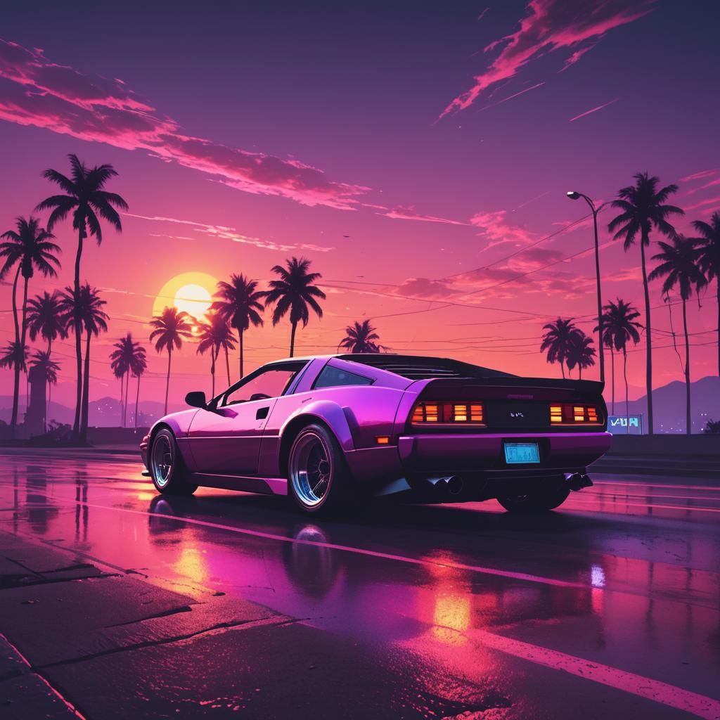 Synthwave sports car and sunset - AI Generated Artwork - NightCafe Creator