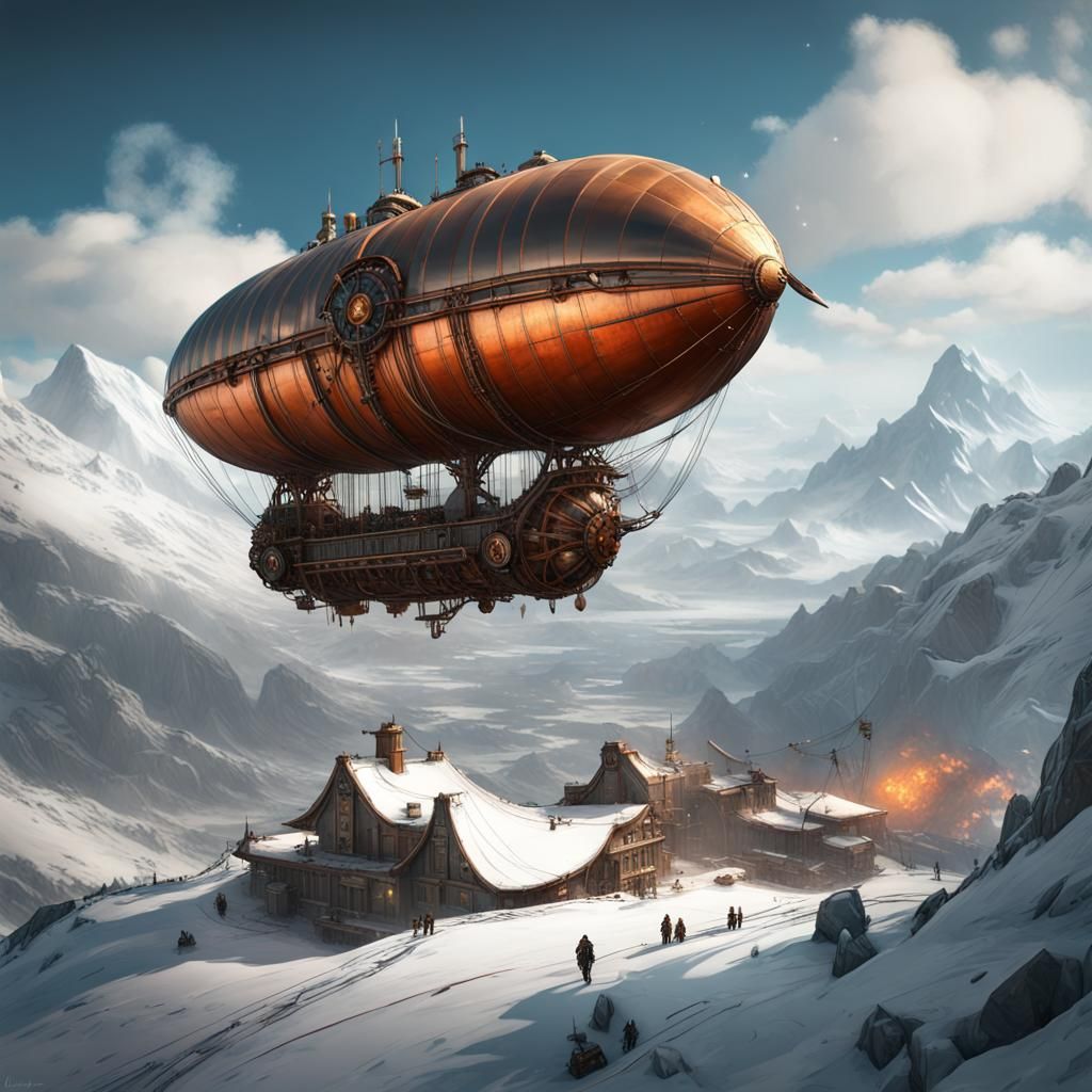 Steampunk, frostpunk, airship over snowy mountains. Copper gears, steam ...