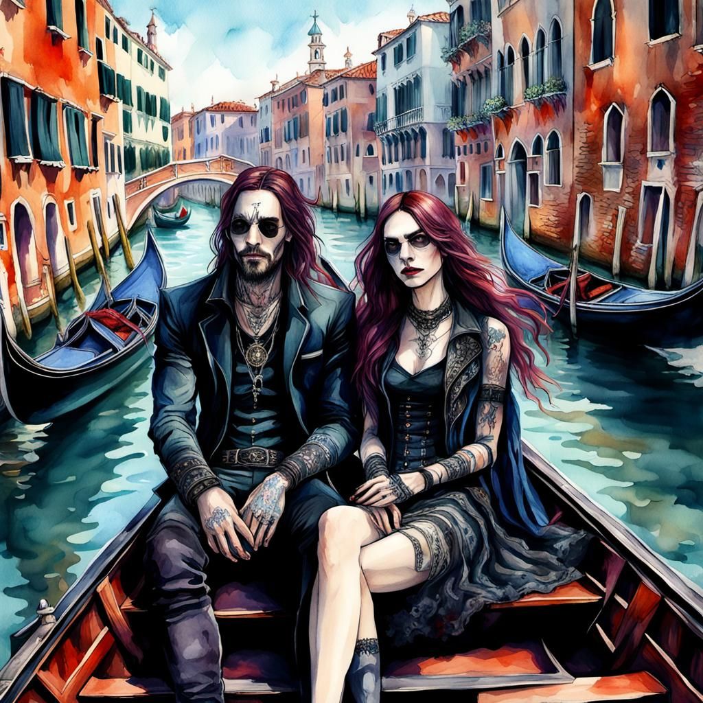 Beautiful goth-rocker couple sitting in gondola in Venice - AI ...
