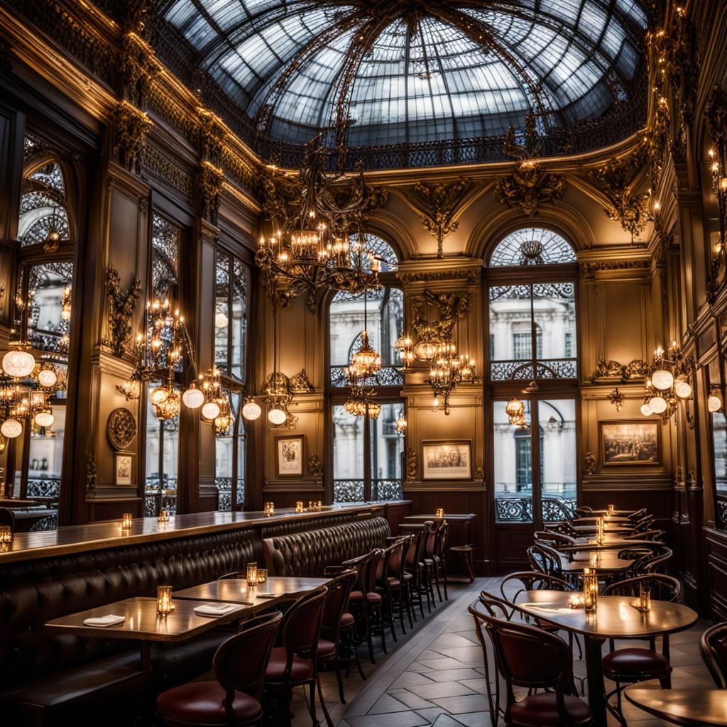 Interior of an old style Parisian Café around the year 1900 at night ...