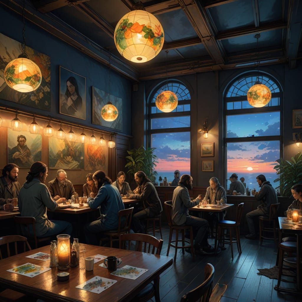 Artists Illuminated in a Vibrant Night Café Scene ... - AI Art