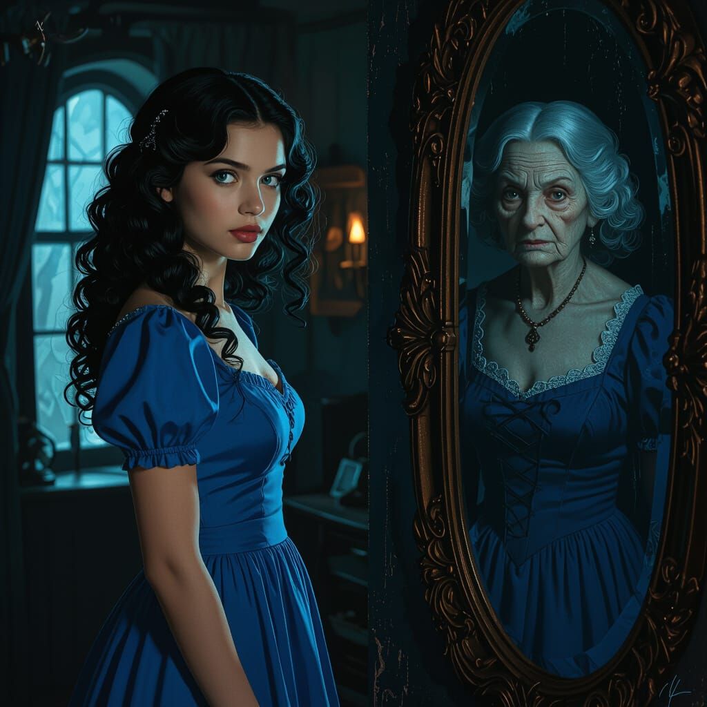 Reflections - Young Woman and Witch Reflection in Hyperreali...