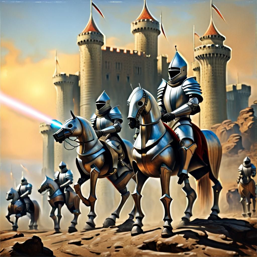 Medieval knights and castle with laser canons and laser rifles, robotic ...