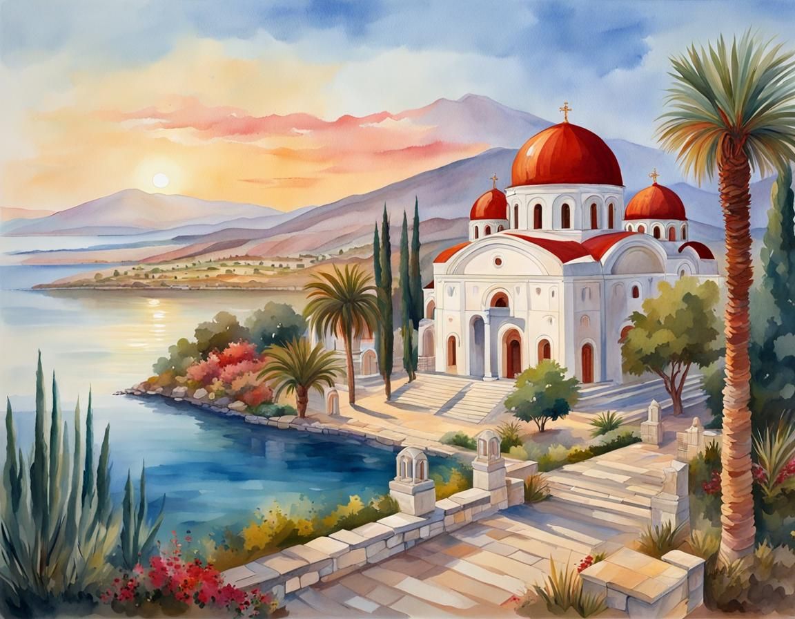 Capernaum church, Sea of Galilee, watercolor painting - AI Generated ...