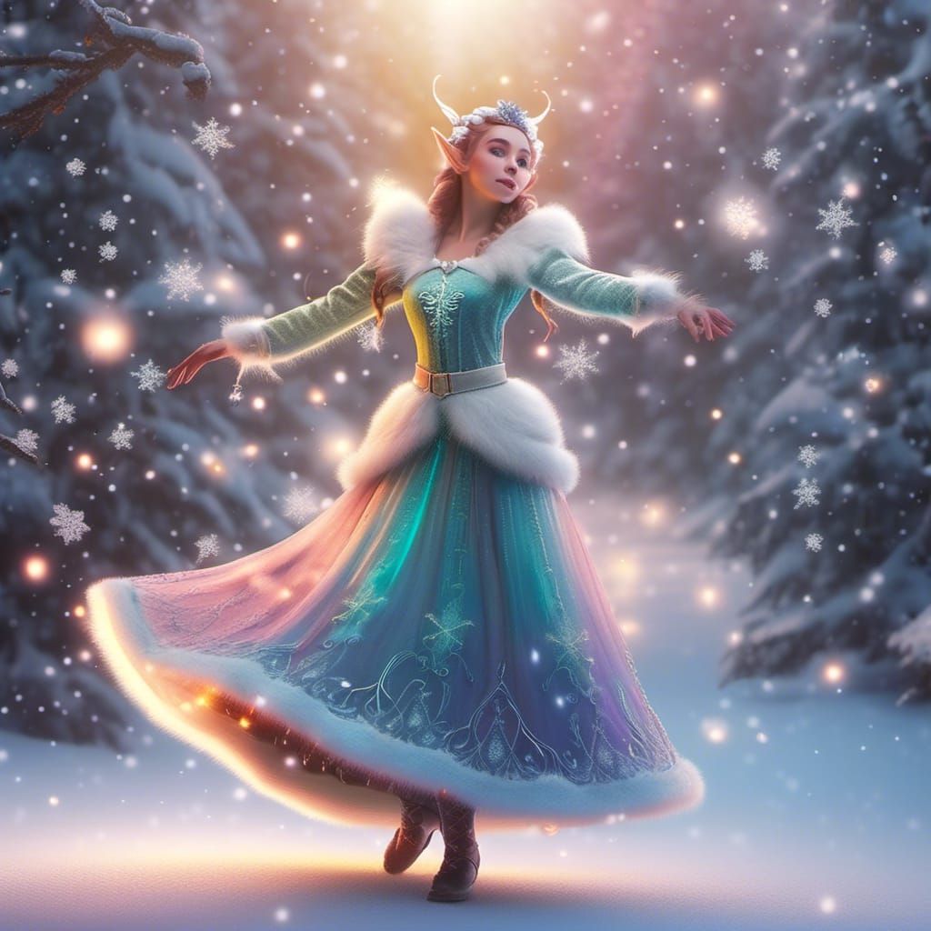 an adorable elf dances merrily, surrounded by swirling snowflakes and ...