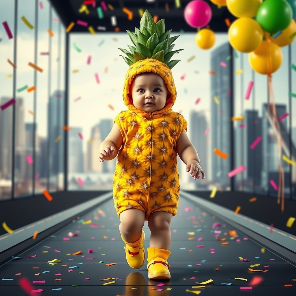 Vibrant Pineapple Baby Struts Down Fashion Catwalk - AI Art