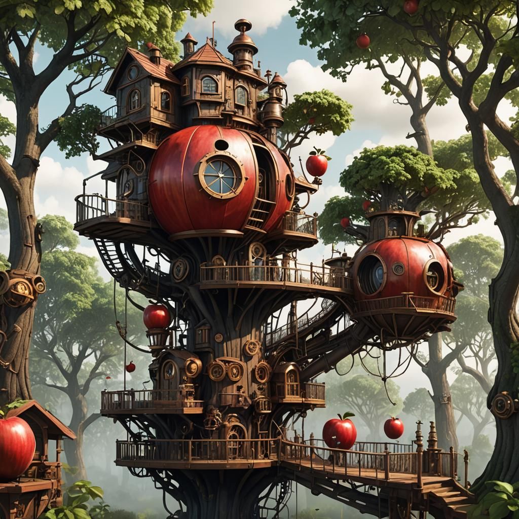 The mechanical apple treehouse - AI Generated Artwork - NightCafe Creator