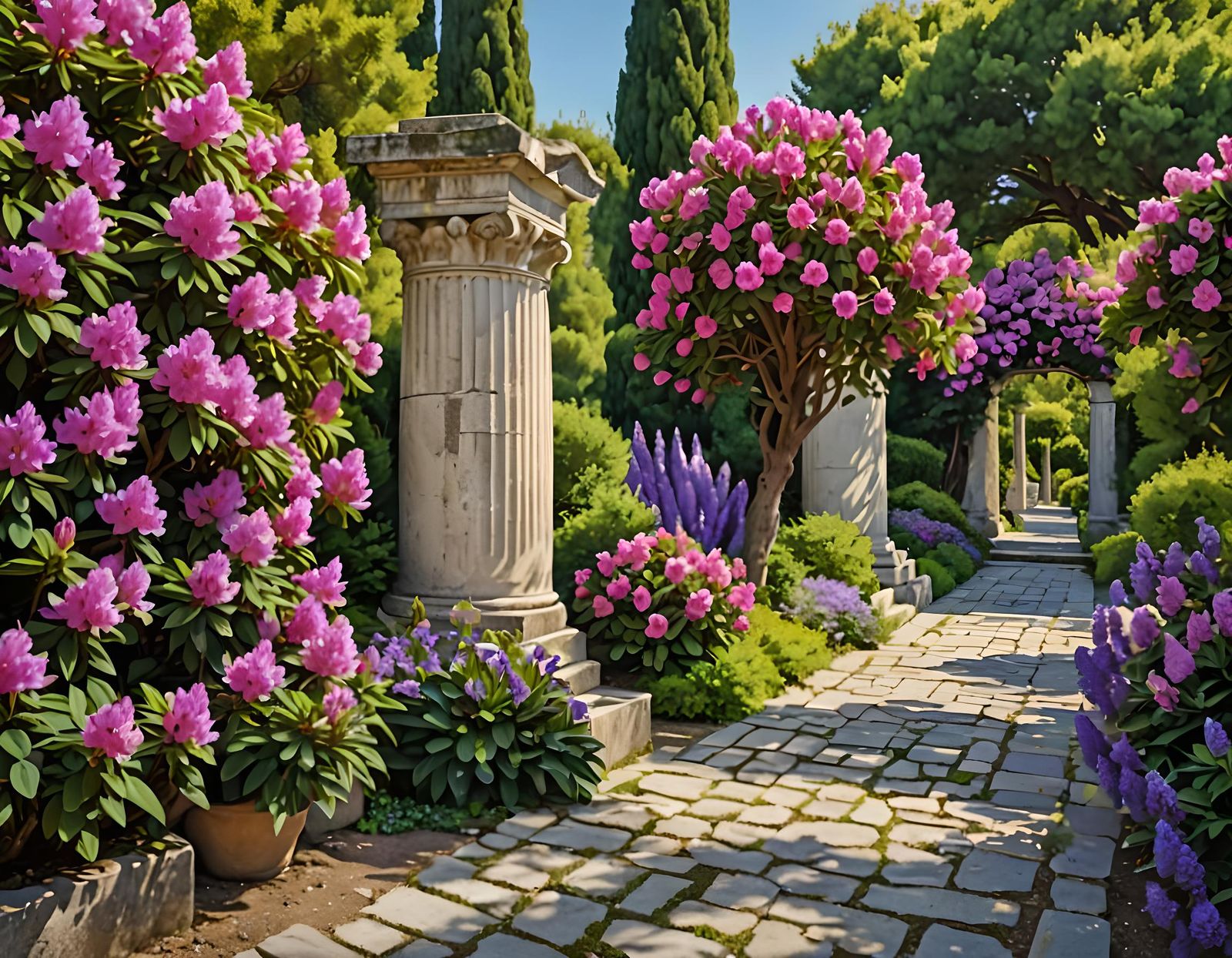 Garden with blossom rhododendrons Bush and violet salvia - AI Generated ...