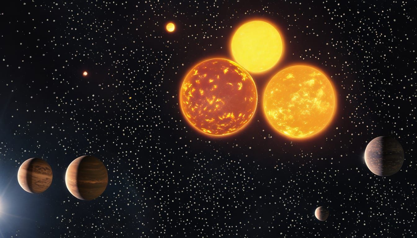 The magnificent triple-sun system, Ontawen, with three orbiting planets ...