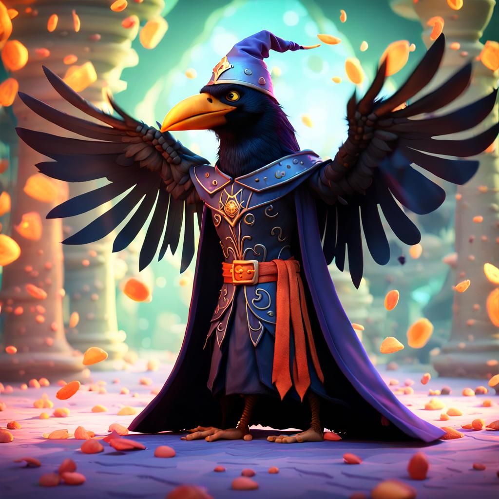 "crow as elf king. disguised as witch in king's robe. Hyper Speed. Dynamic composition. Cute ...