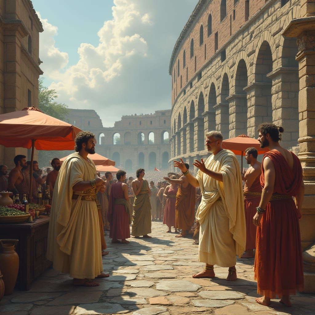 A lively day in ancient Rome, as the Forum buzzes with activity under a ...
