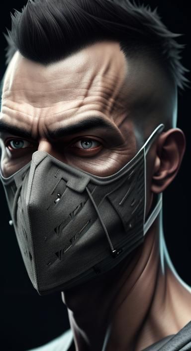 Slim man with soulless eyes, wearing cloth hood and face mask, head and ...