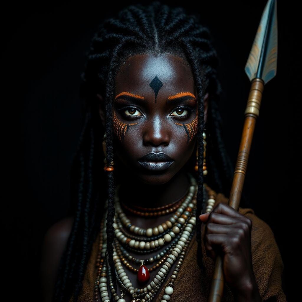 African Warrior Woman Portrait with Spear and Arro... - AI Art