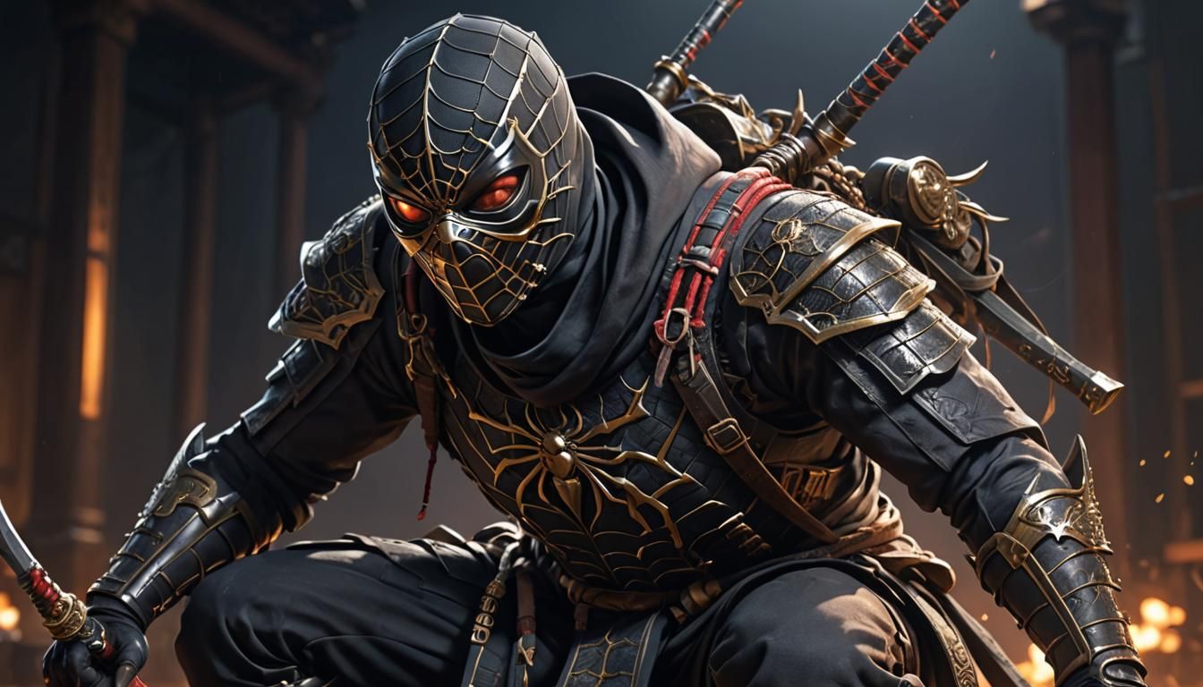 Detailed portrait of a warrior spider ninja, with ninja weapons ...