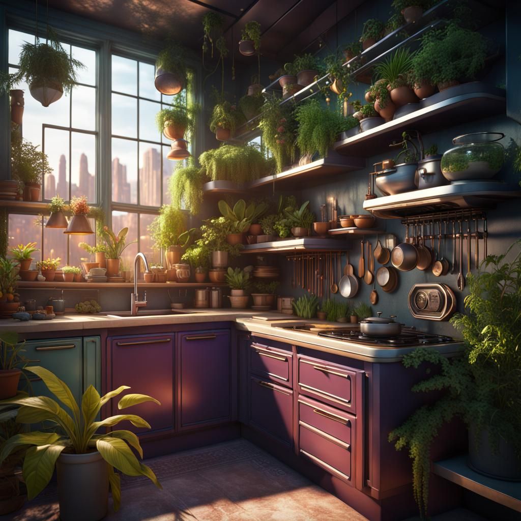 Solarpunk style kitchen in a utopian city with plants and light - AI ...