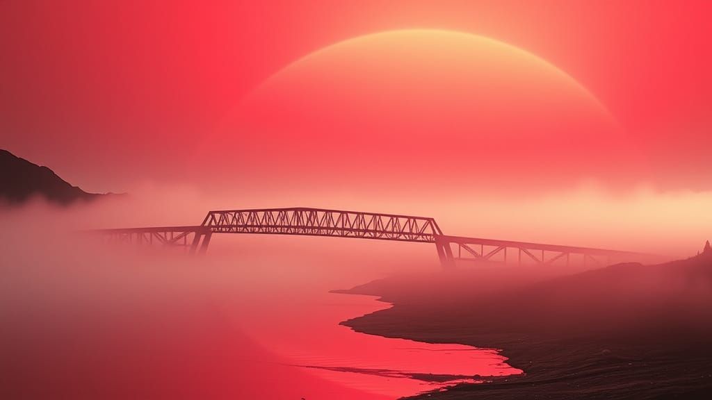 Alien Bridge Over an alien river under a blood red sky
