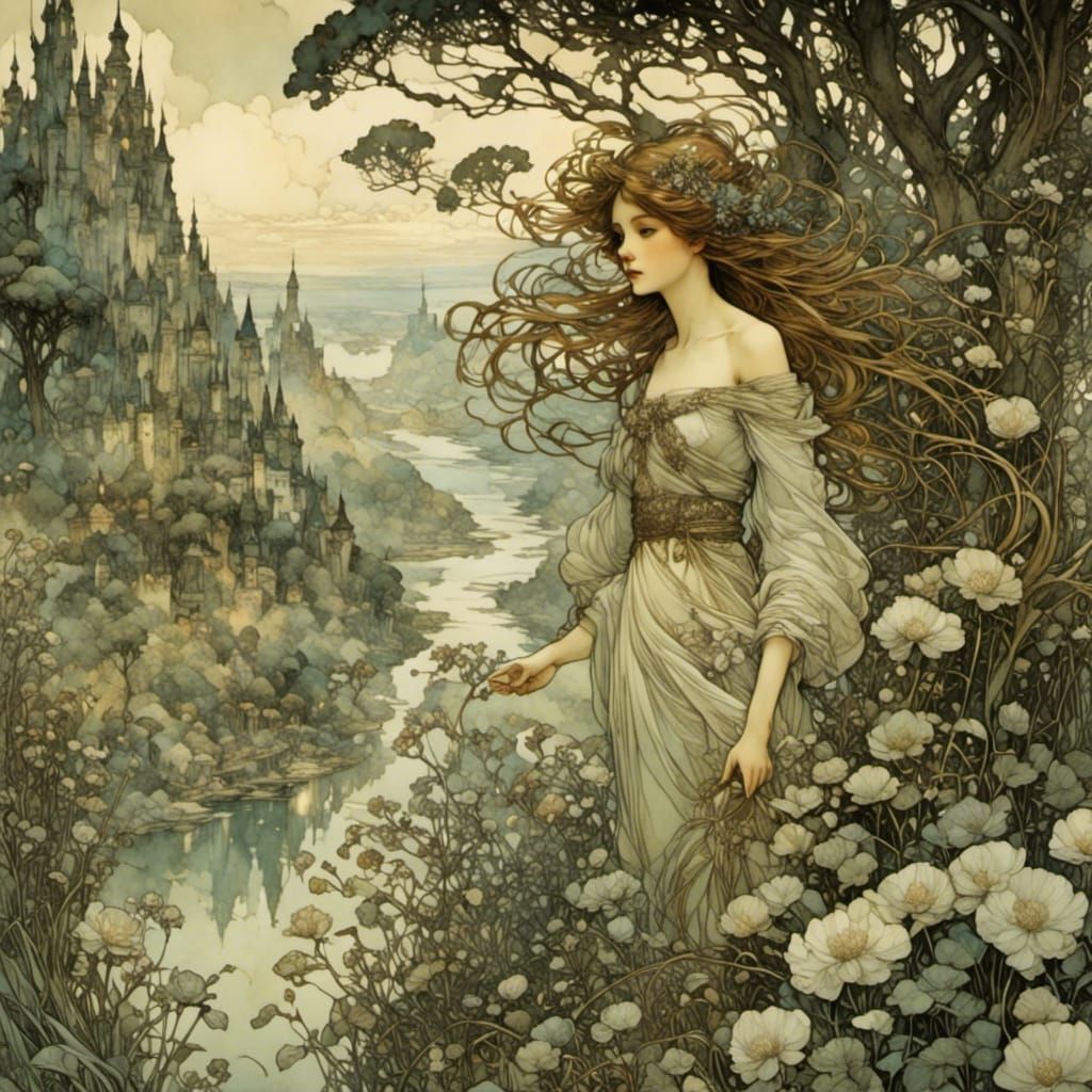 landscape by Alphonse Mucha and Arthur Rackham, meticulous, intricate ...