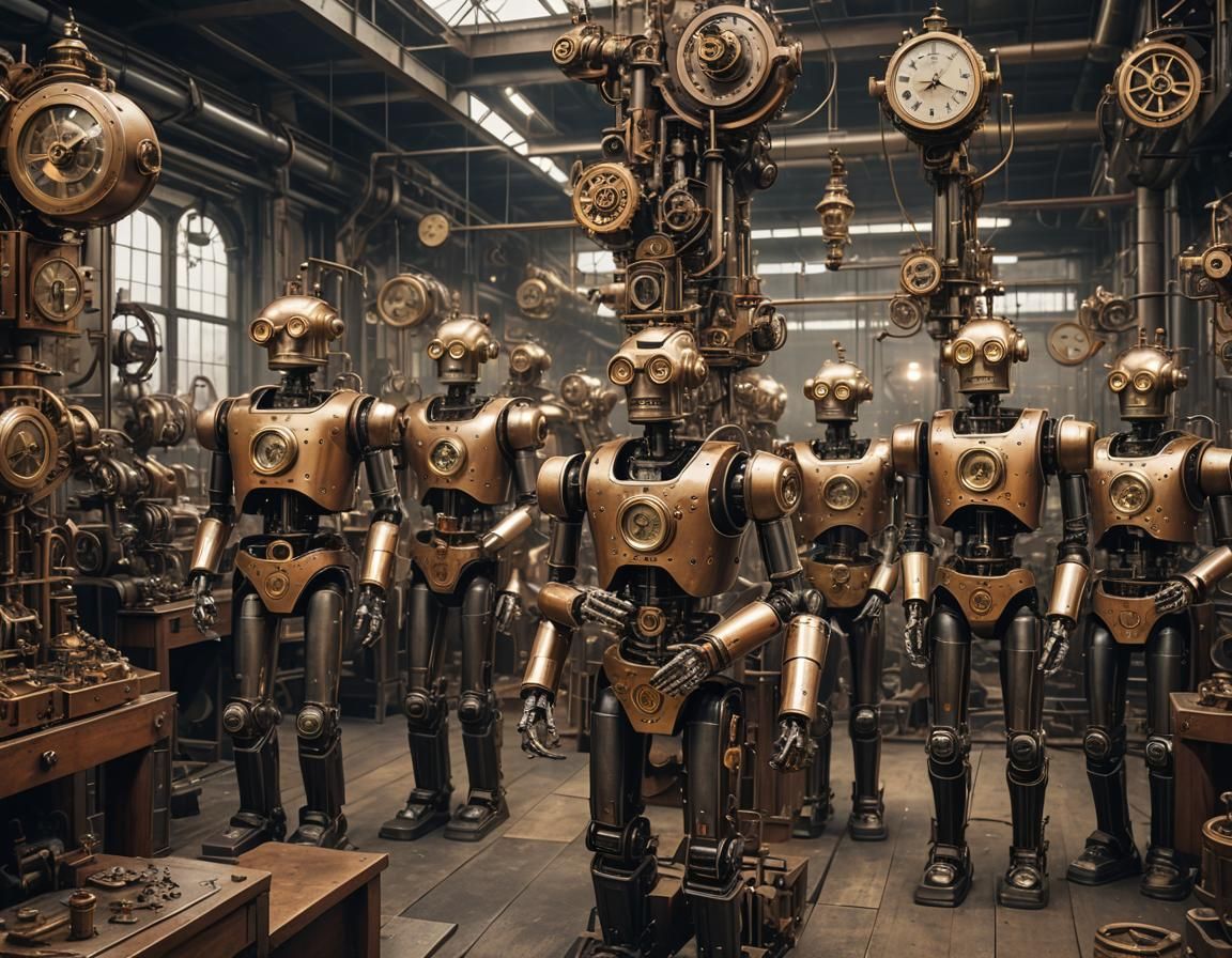 Abnormal Synchronized Chaos as clockwork robots malfunction in steampunk factory - OPEN PROMPT ...