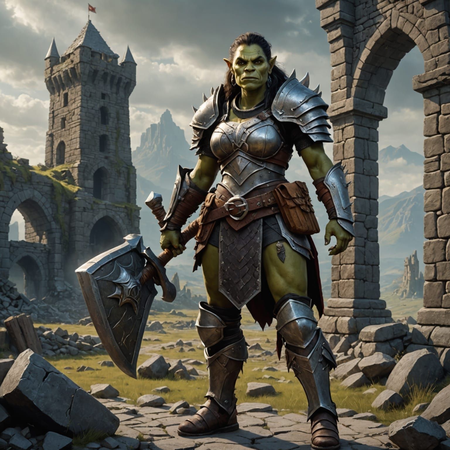 A Fullbody Portrait of a Female Orc warrior from dungeons and dragons ...
