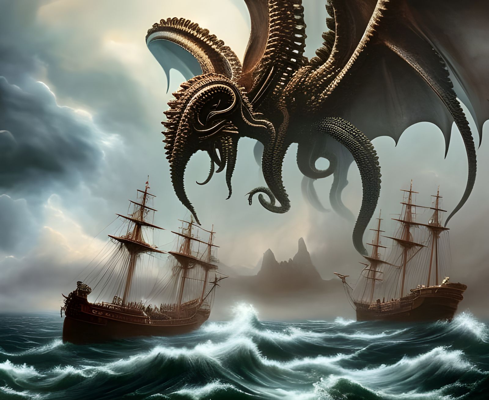 Cthulhu in the Clouds Over Sailing Ships - AI Generated Artwork ...