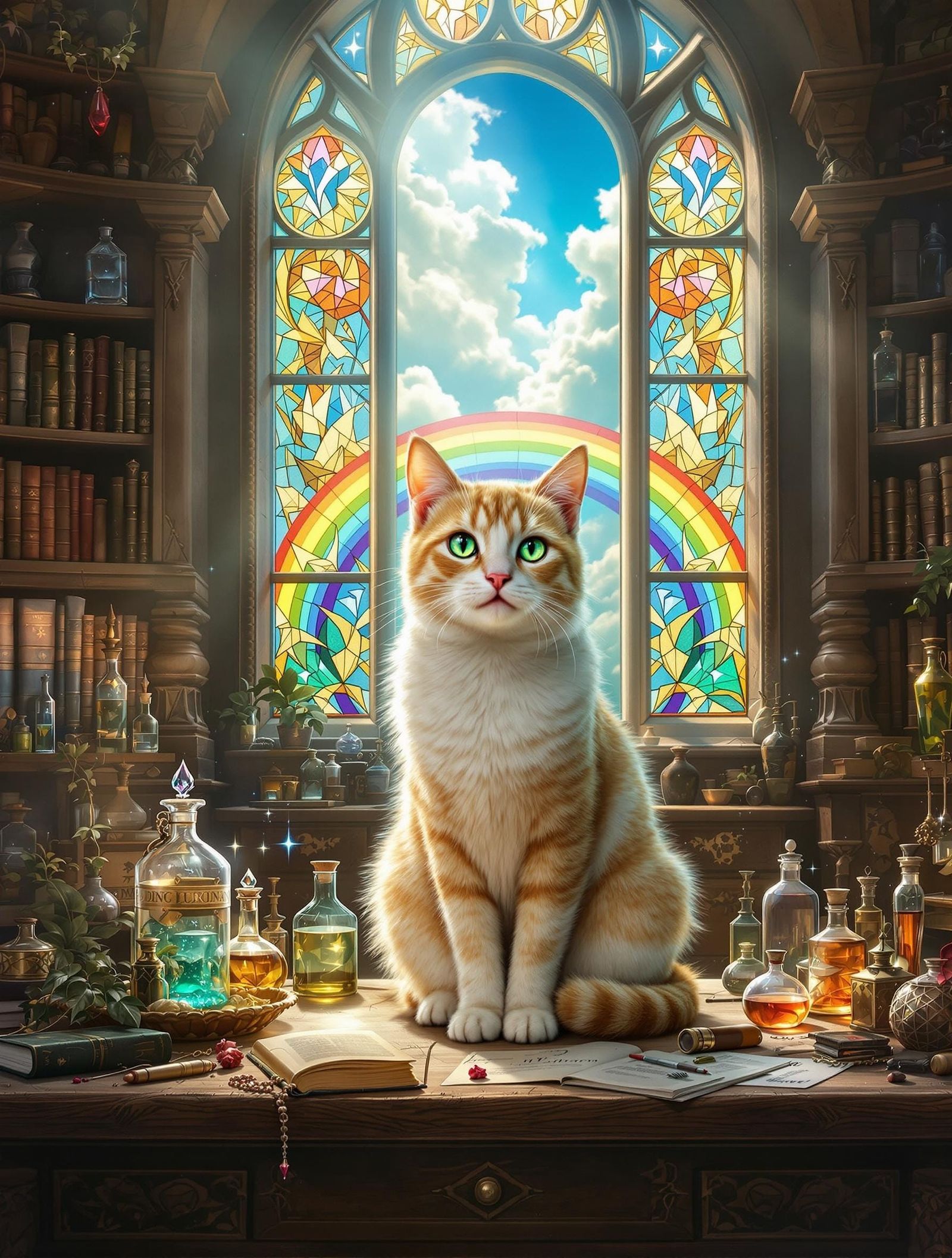 Regal Ginger Cat on Wizard's Table in Alchemical L... - AI Art