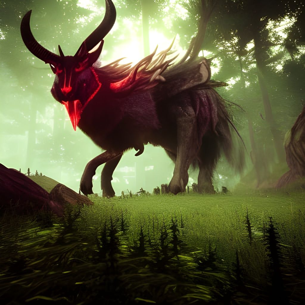A realistic wild mythical beast with horns and sharp teeth in a dark ...