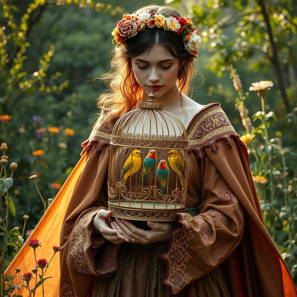 Woman in Whimsical Medieval Scene with Birds - AI Art