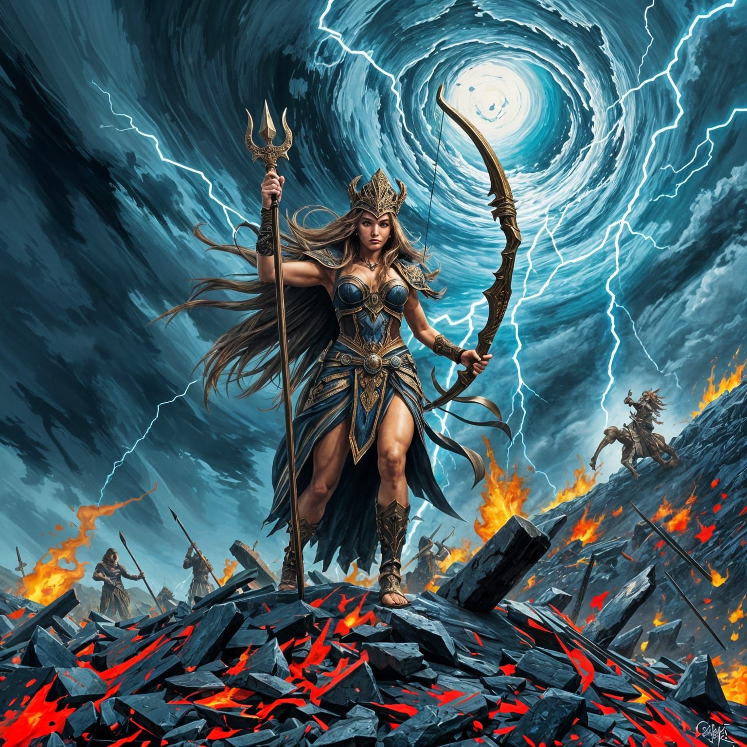 Warrior Goddess Triumphs Over Foes in Vibrant Graf... - AI Art