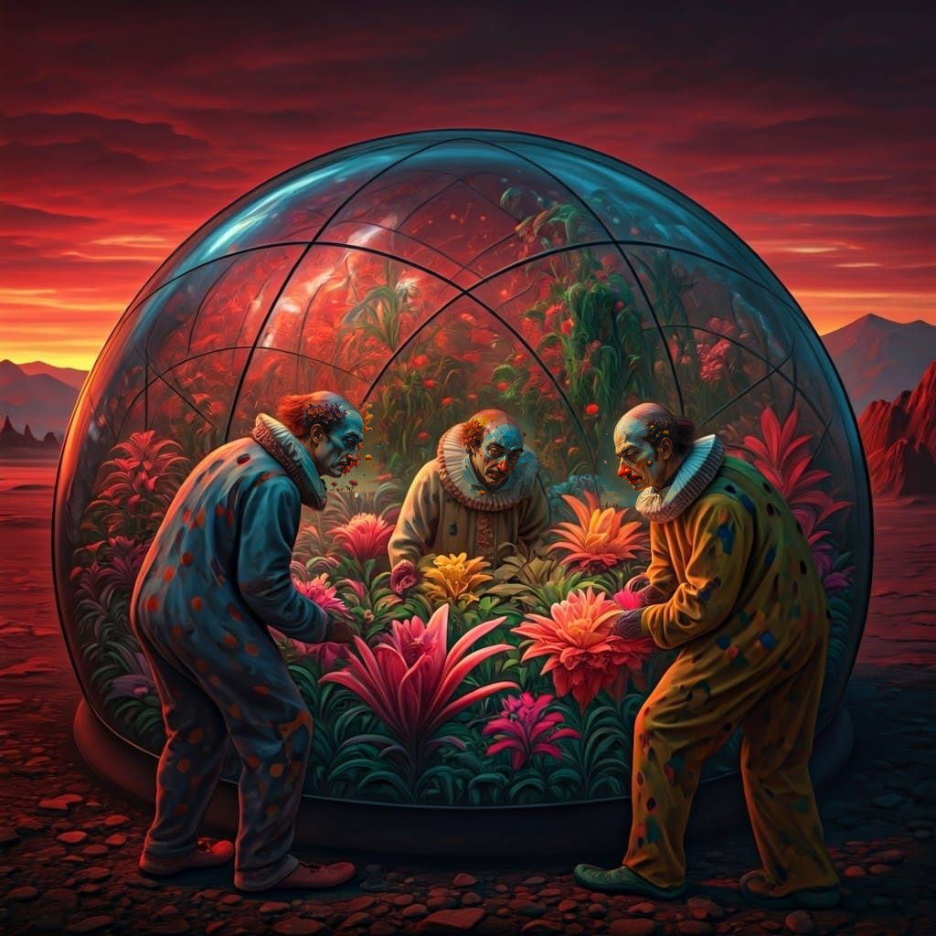 Three men - Men in Clown Suits Tend Flowers in a Surreal Dis...