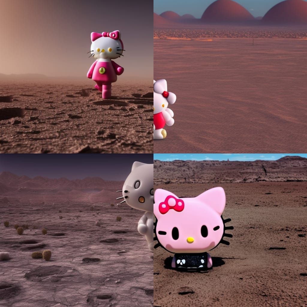 Giant hello kitty walking over scorched, desolate, dystopian earth in ...