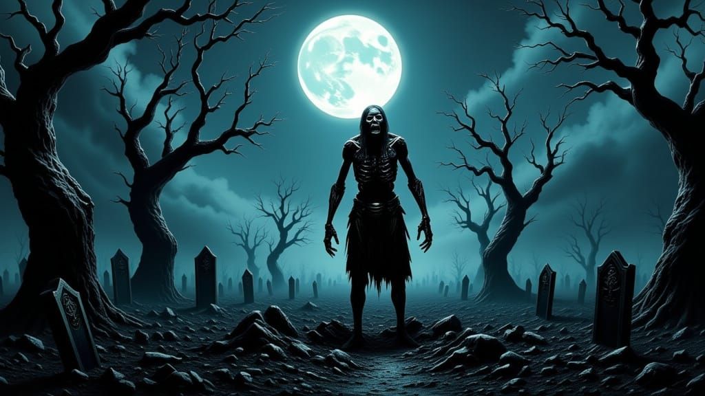 Dark Surrealism Horror Scene in a Moonlit Graveyar... - AI Art