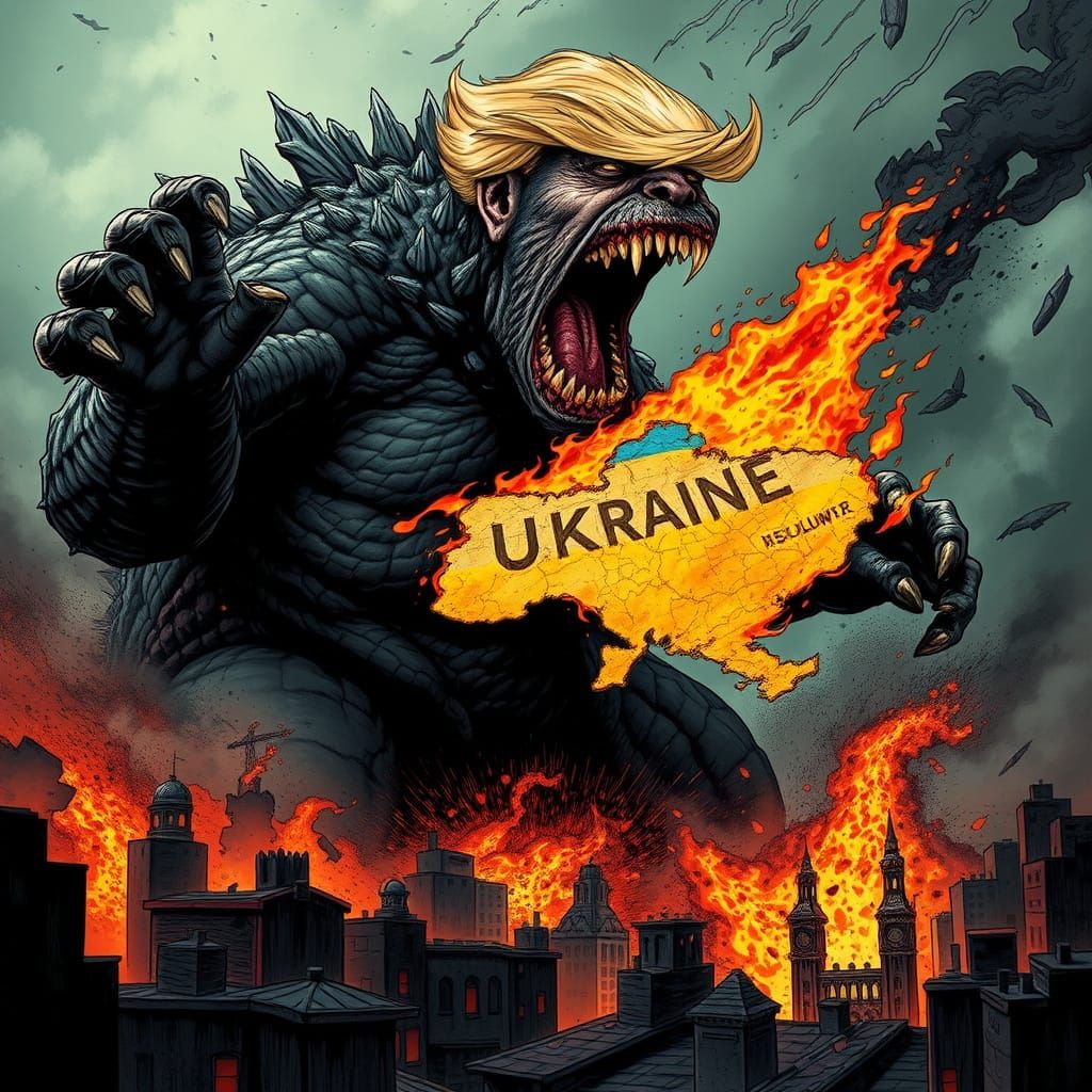 Donald Trump as Mutated Godzilla Devours Burning U... - AI Art