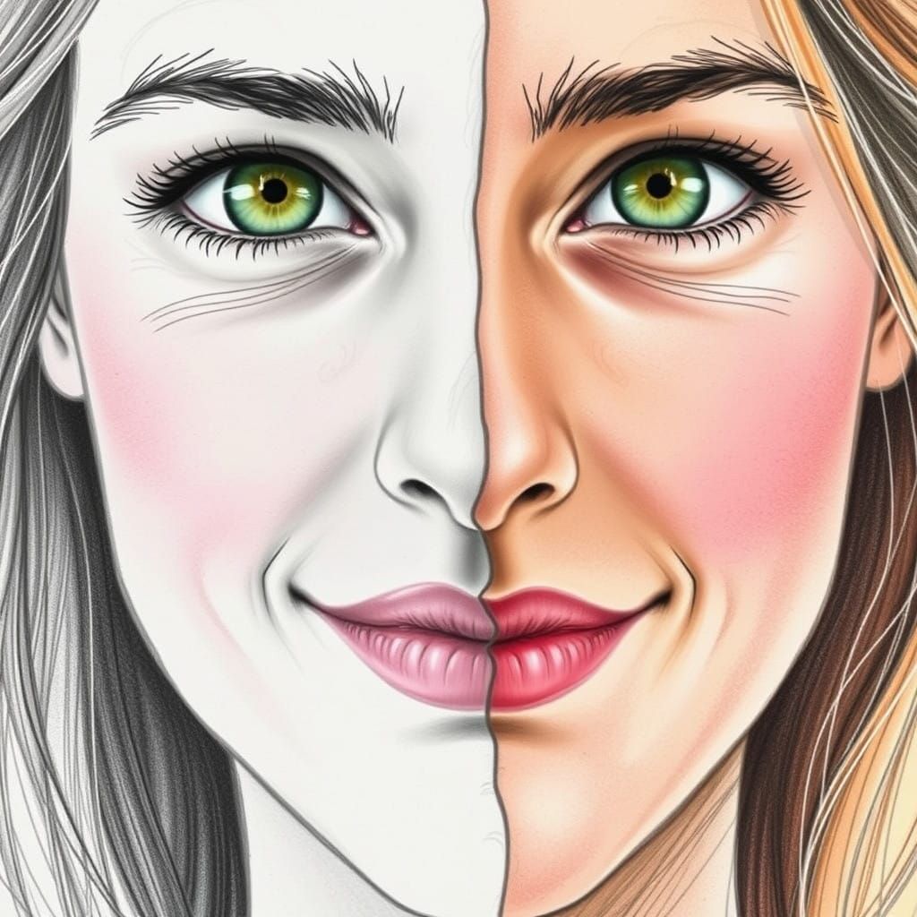 Beautiful Young Woman in Dual Emotions: A Colorful... - AI Art