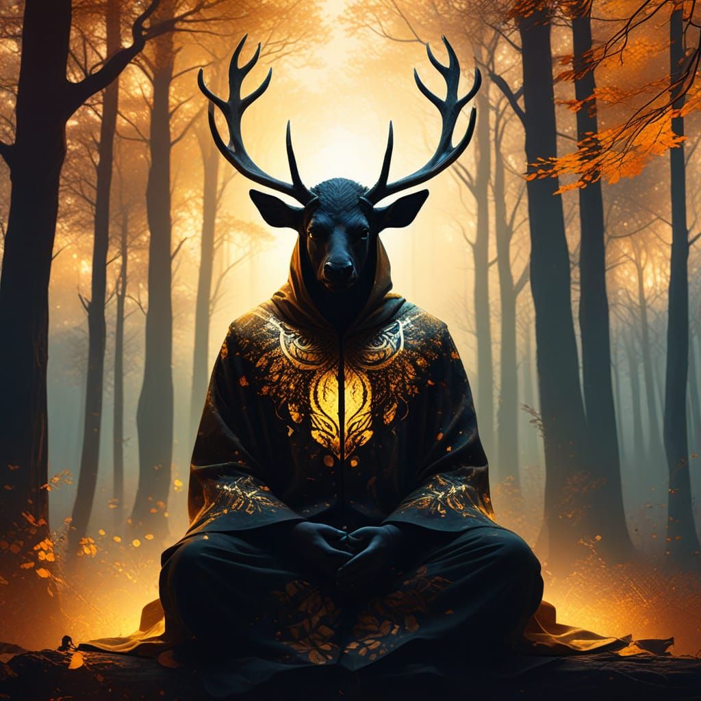 Native Spirit Elven Guide in Autumn Forest Meditat... - AI Art