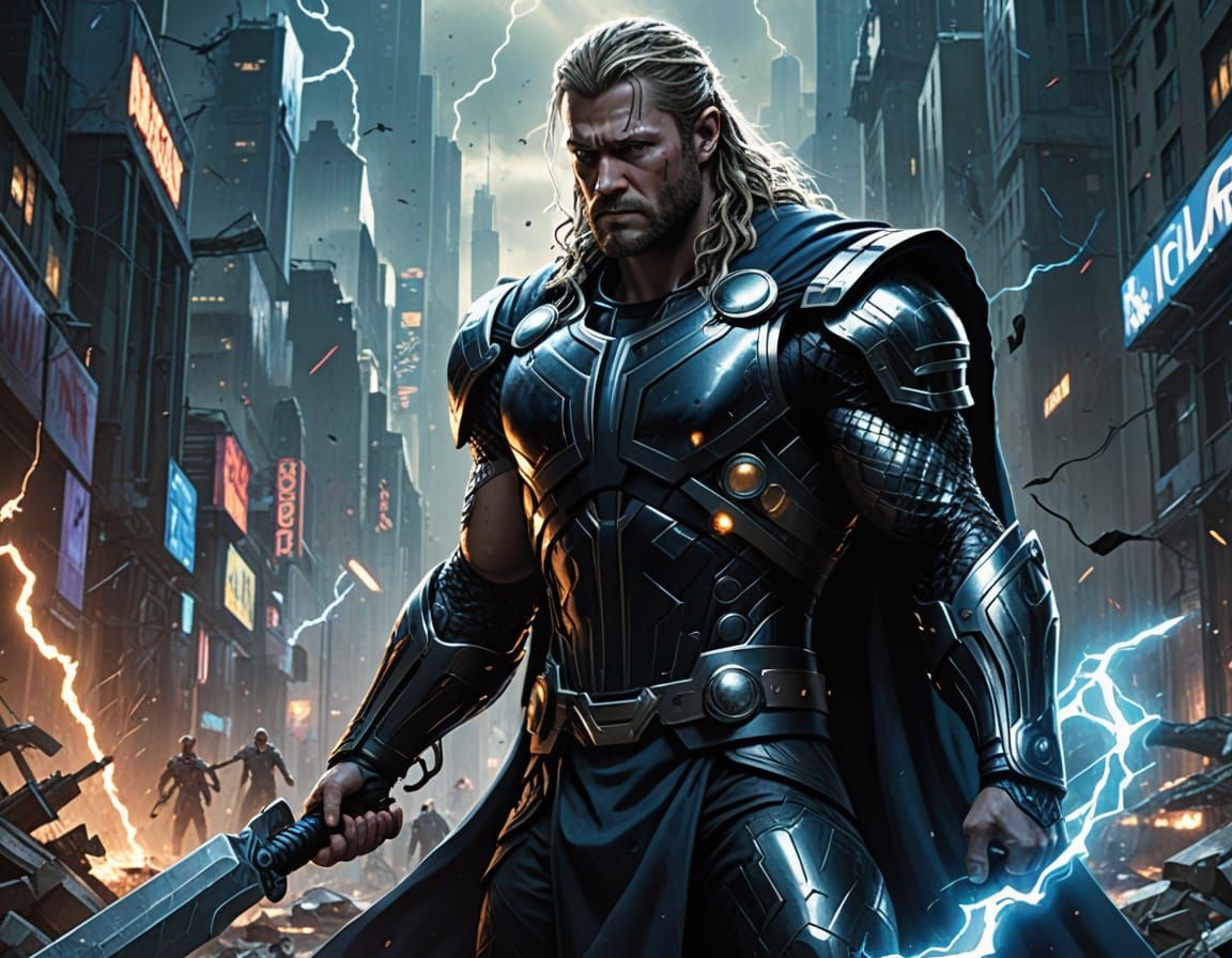 Thor stands defiantly at the edge of a shattered world