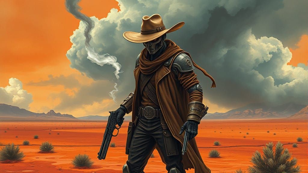 Cybernetic Cowboy Stands Tall in Desolate, Rust-Re... - AI Art