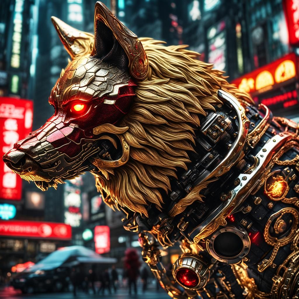 furry big wolf ruby eye covered in gold shiny chrome and black red ...