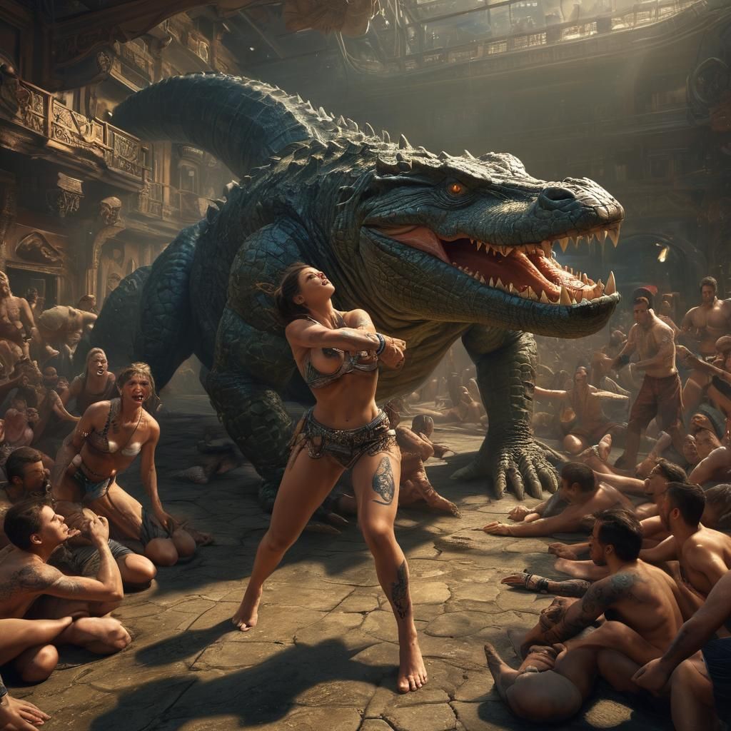 Surreal Fantasy Scene: Muscular Woman Battles Croc... - AI Art