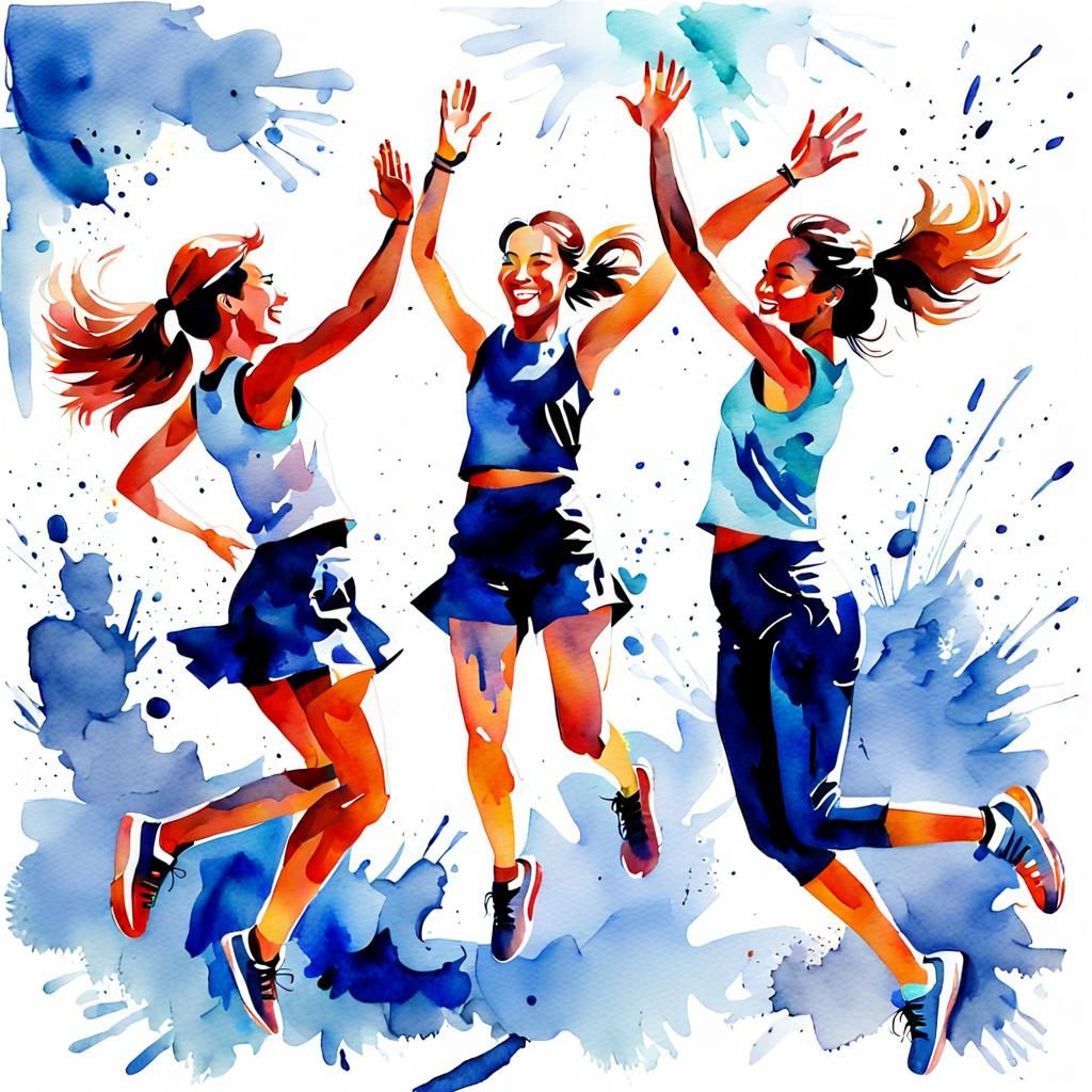 two girls jumping up for a high five, watercolor, - AI Generated ...