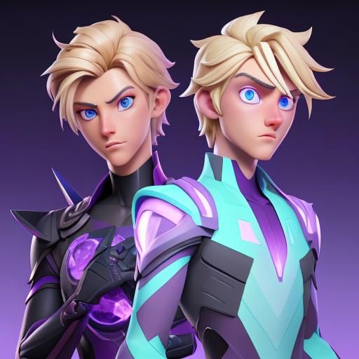 blonde boy with a black streak in front, fair skin, blue eyes, purple ...