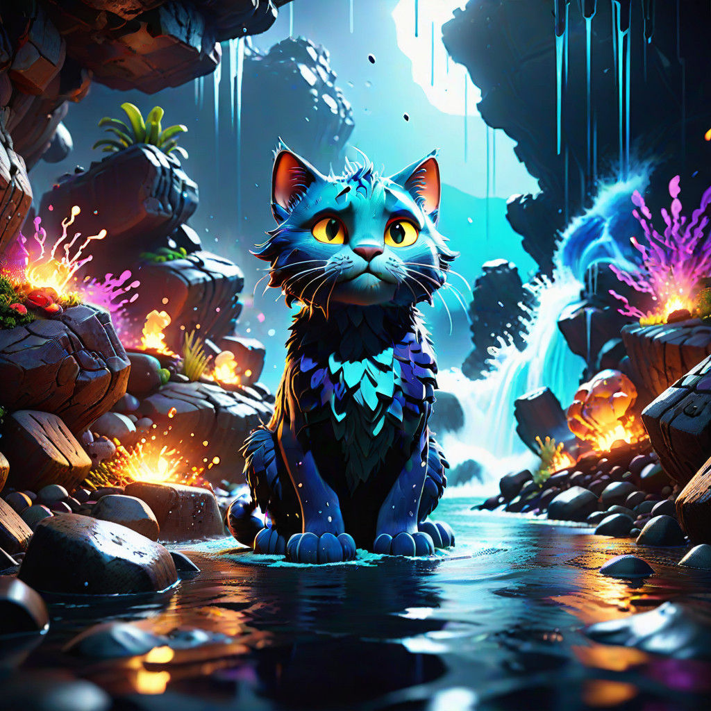 Elemental Water Cat - Vibrant Water Cat Confronts the Sea in...