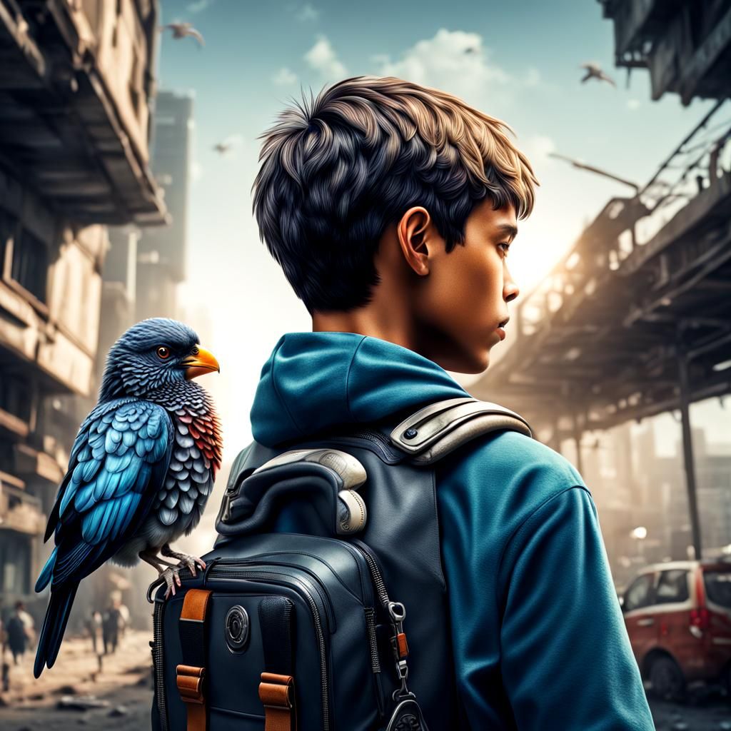 a cyborg pet bird sitting on a boy's shoulder intricate details, HDR ...