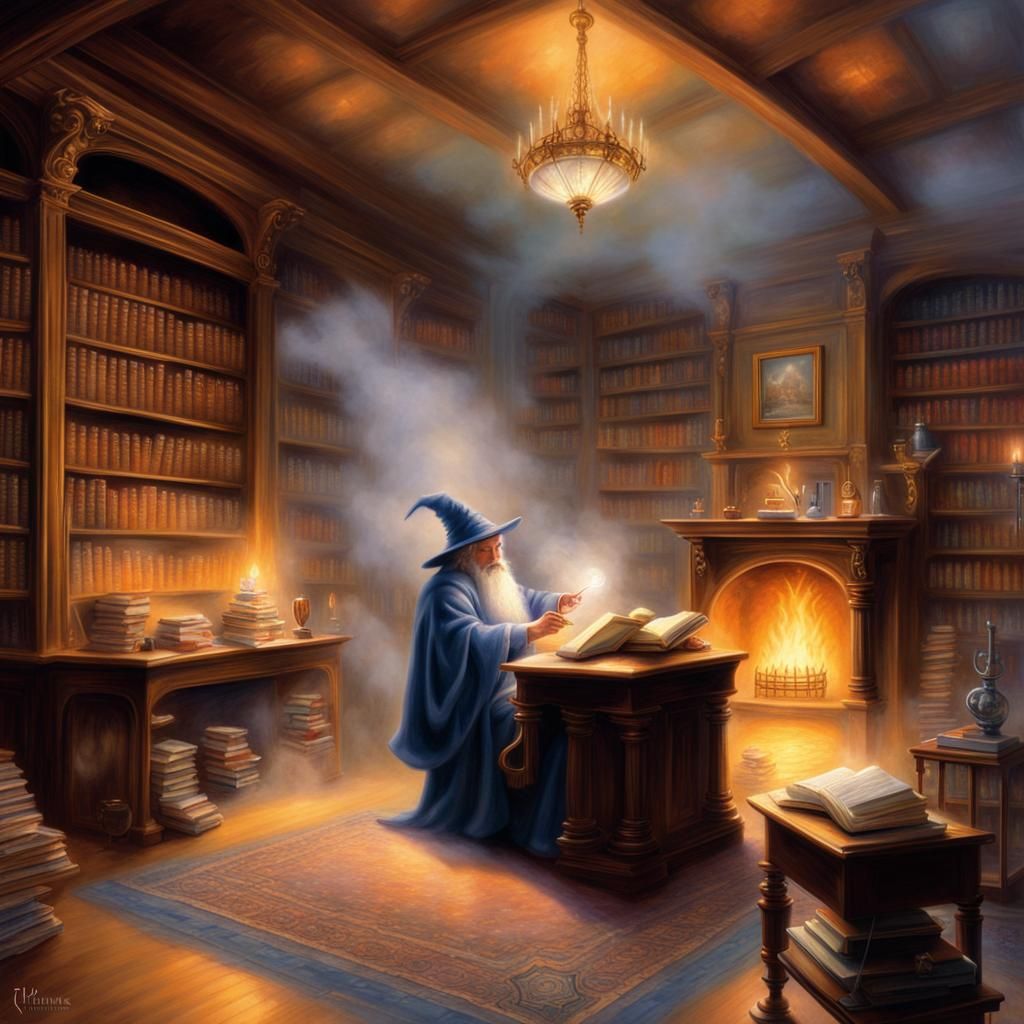 a wizard doing magic and reading books in a libary with a fireplace ...