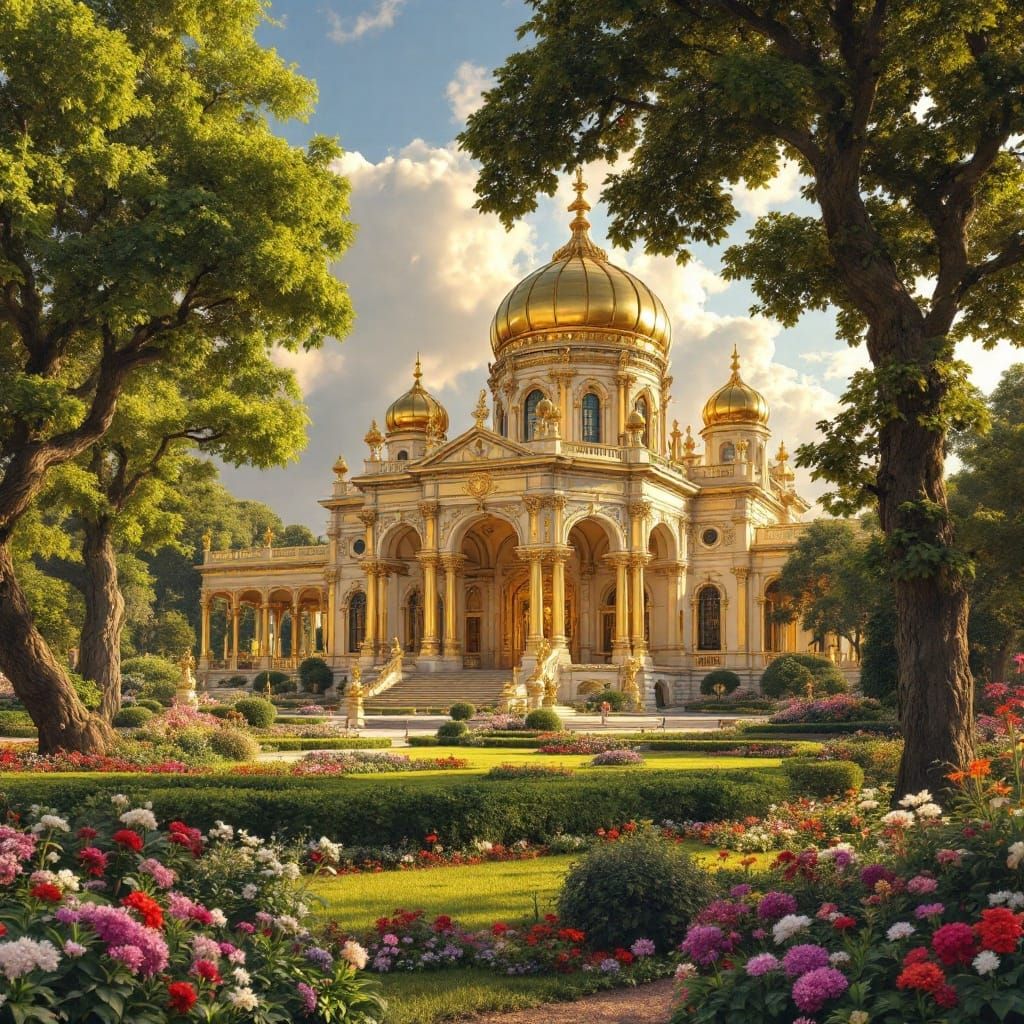Golden Palace in a Vibrant Garden Oasis - AI Art