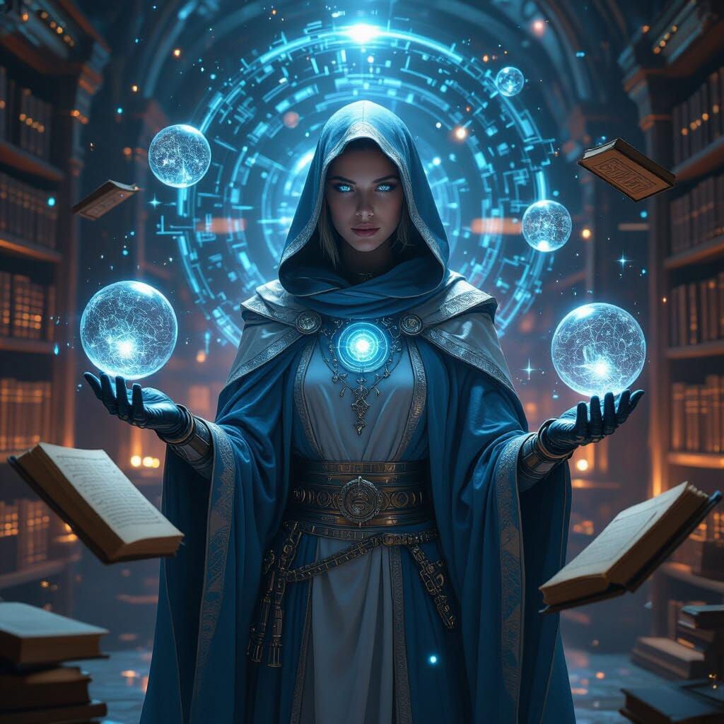 Futuristic Archivist in Starlit Library, Sci-Fi Fa... - AI Art