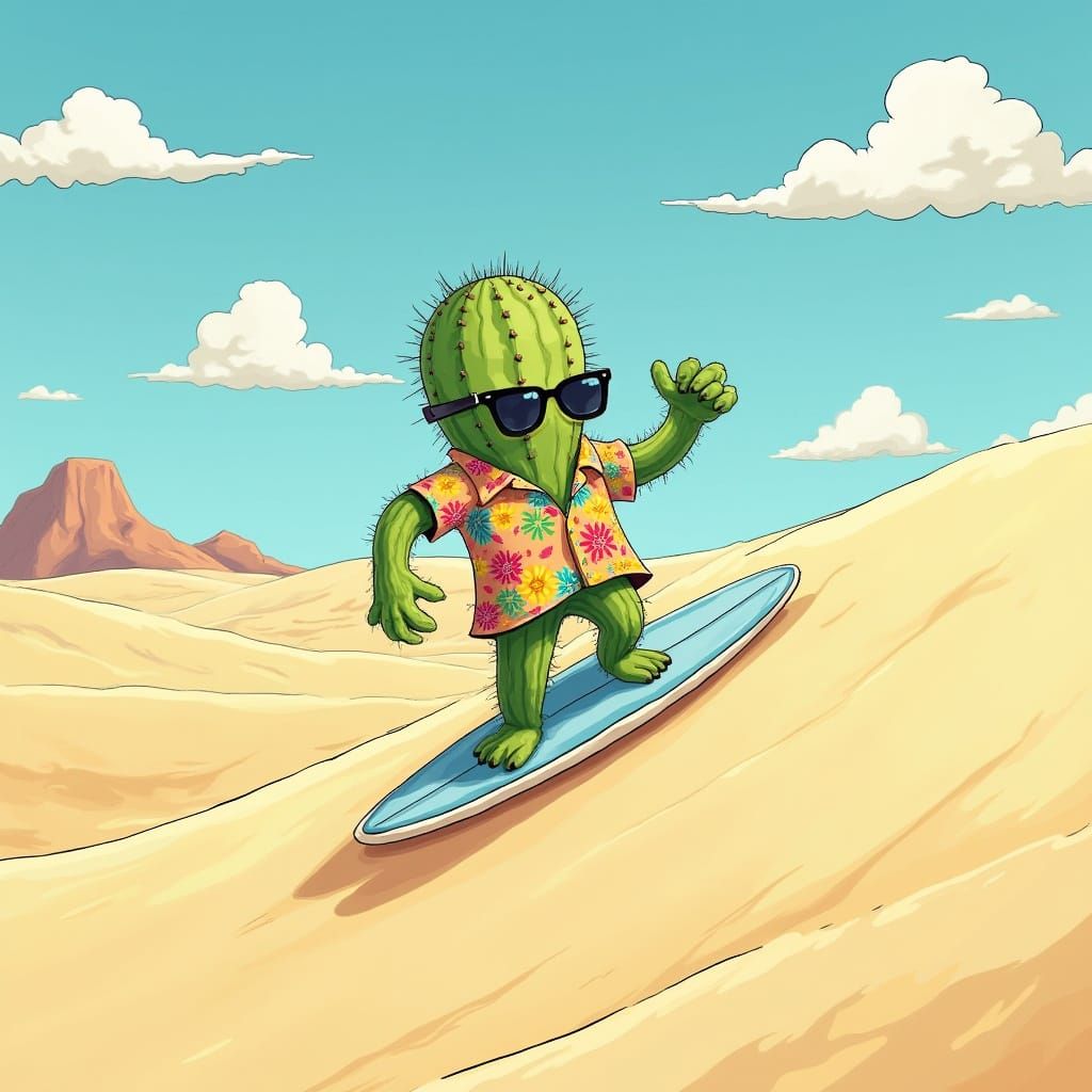 Cactus Surfer Rides Desert Dunes in Whimsical Styl... - AI Art