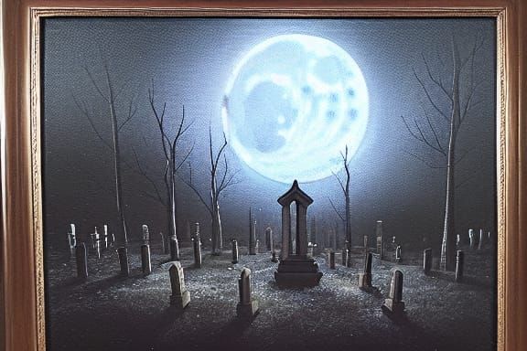 a full moon in a starry sky shining over a haunted cemetery at night ...