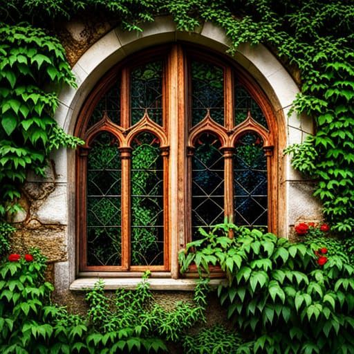 rustic windows with stained glass and plants up front.walls covered in ...
