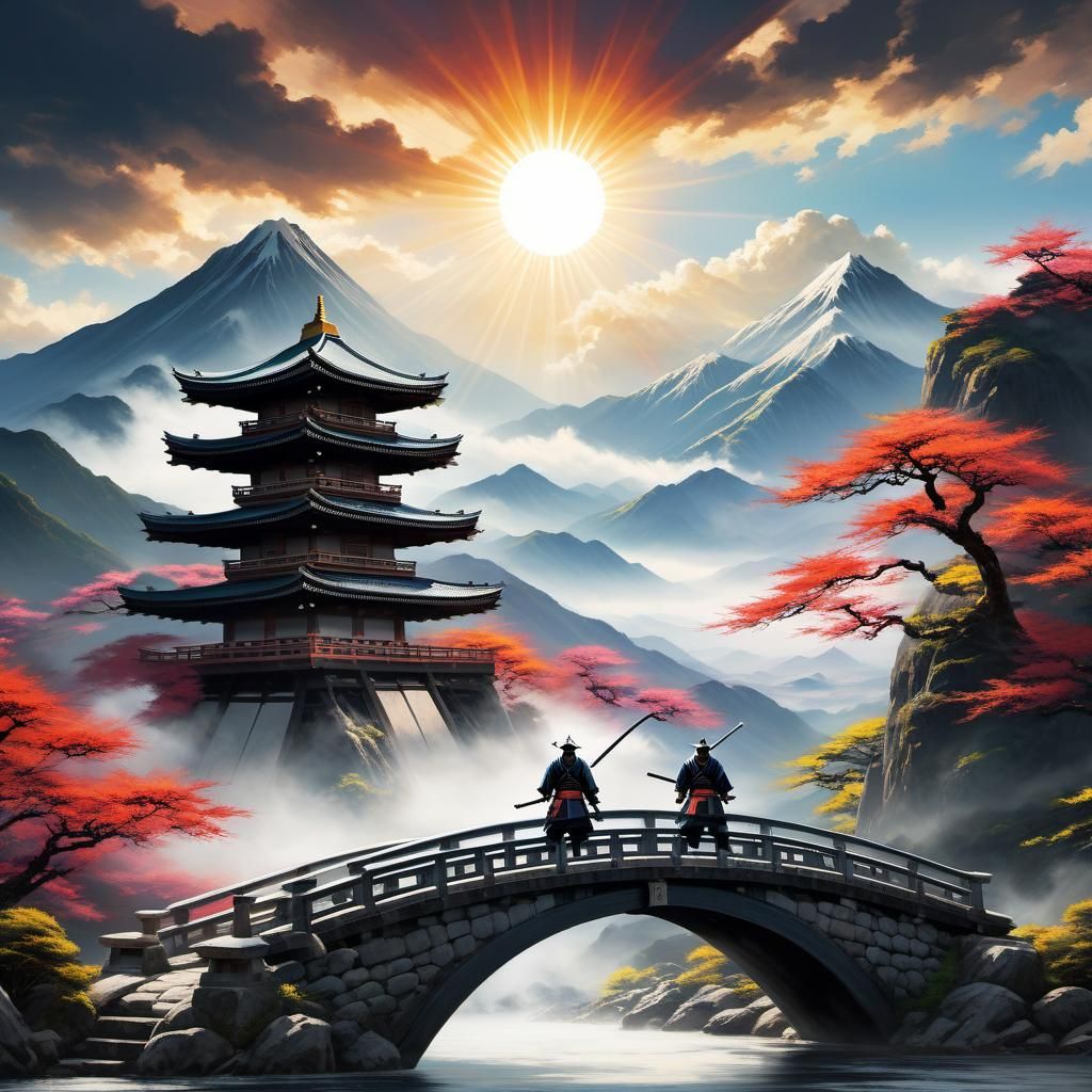 Meeting between two samurai on a bridge